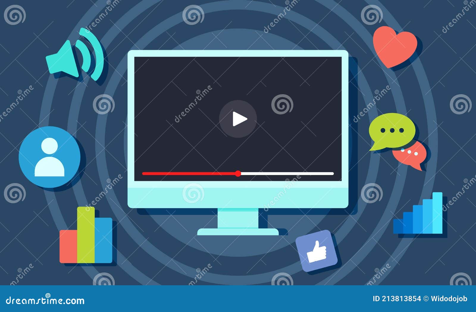 Icons with Video Sharing on Computer Screen Concept. Stock Vector ...