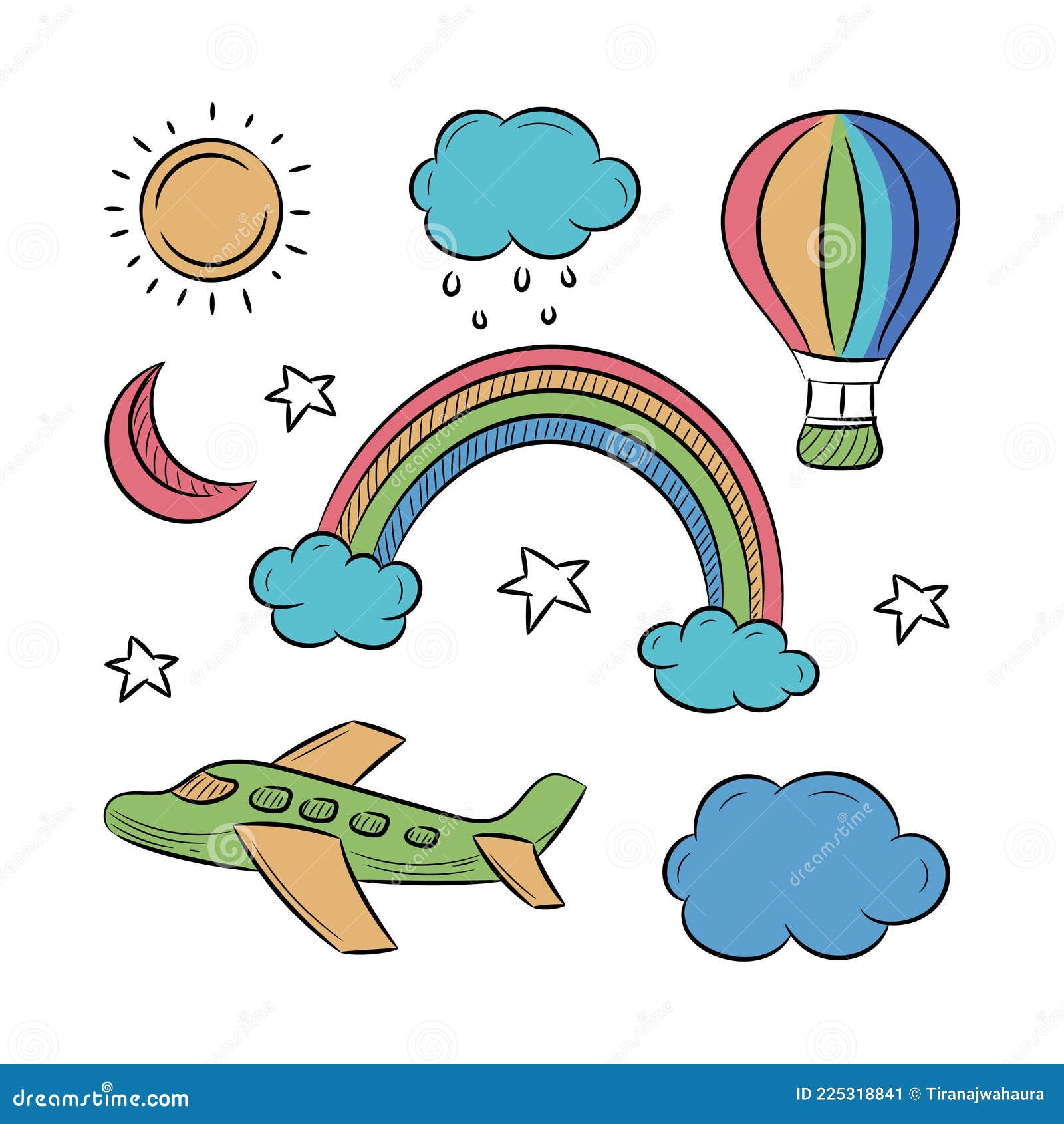 Sky Doodle, Airplane, Cloud, Moon, Rainbow and Sun Vector Illustration ...