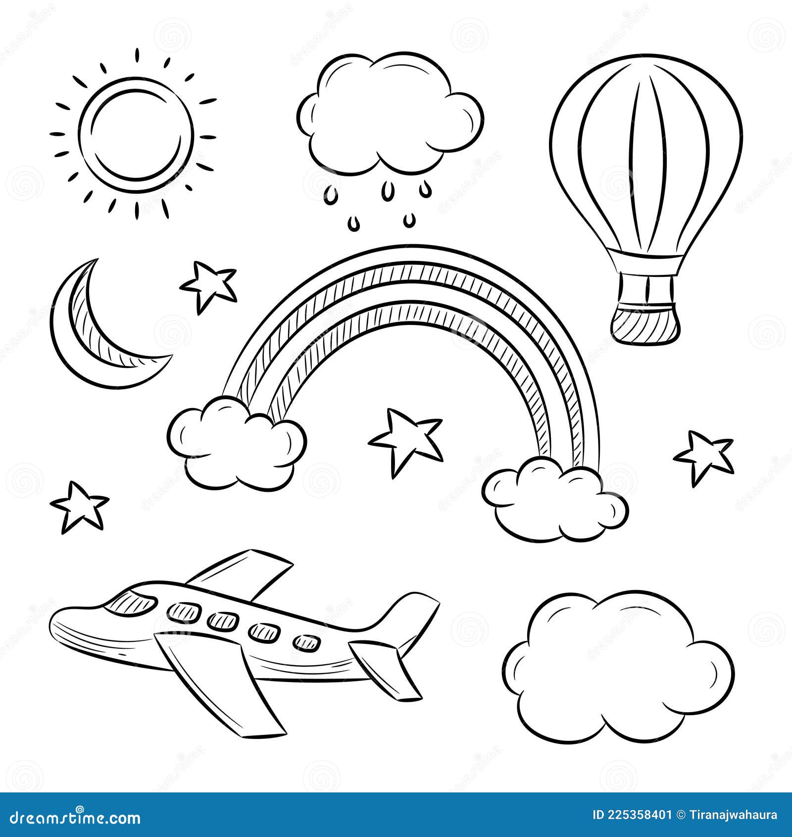 Sky Doodle, Airplane, Cloud, Moon, Rainbow and Sun Vector Illustration Stock Vector ...