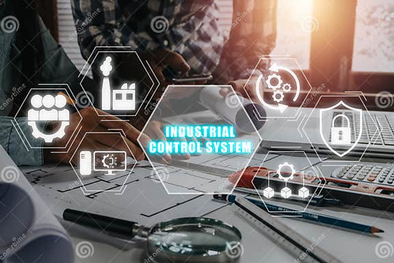 Engineer Team Working on Office Desk with Industrial Control System ...