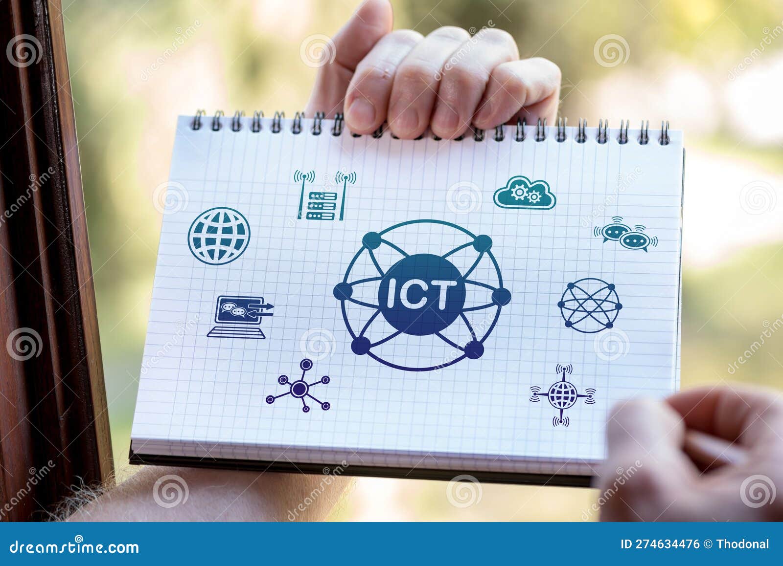 Ict concept on a notepad stock photo. Image of symbol - 274634476