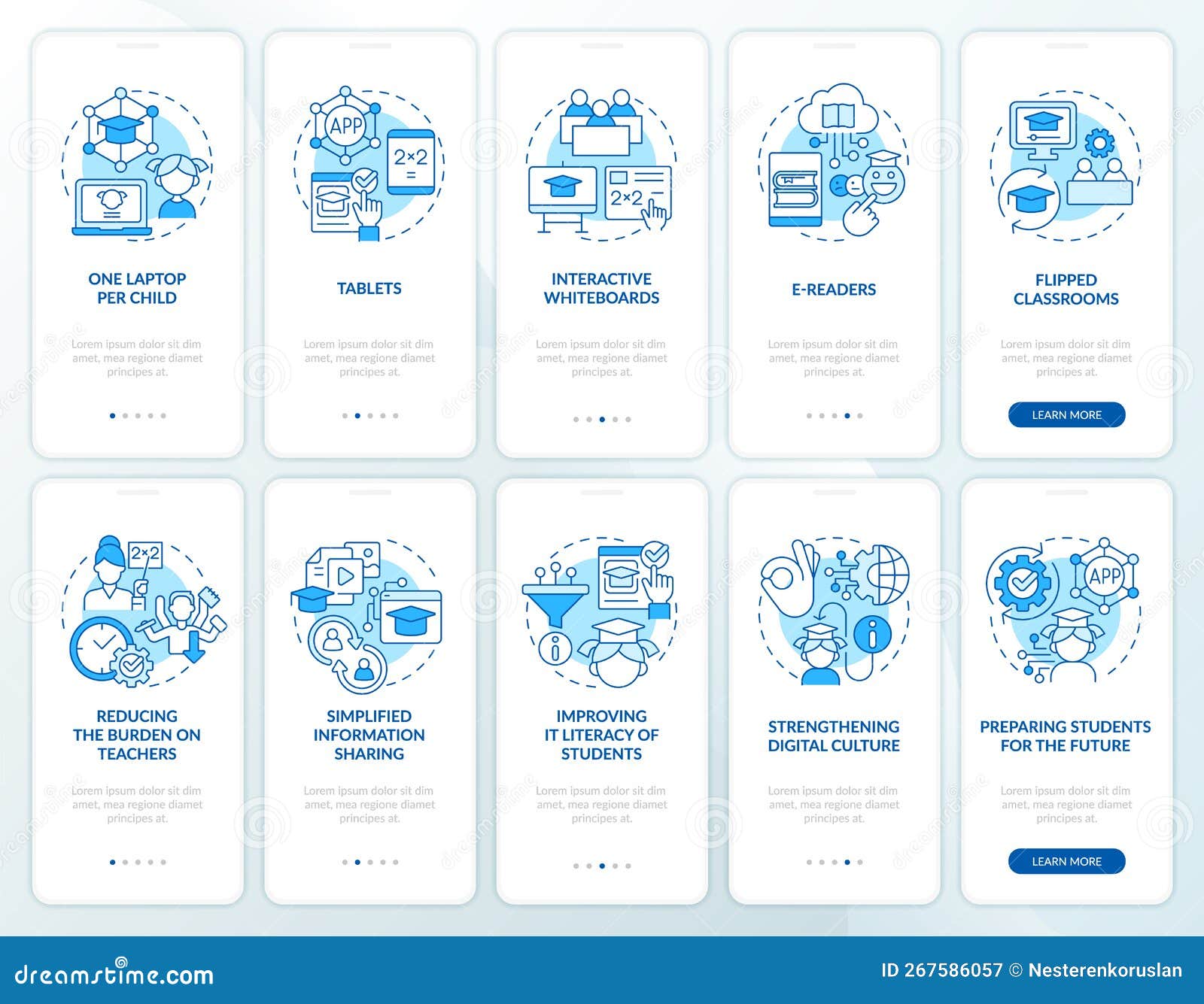 ICT in Education Industry Blue Onboarding Mobile App Screens Set Stock ...