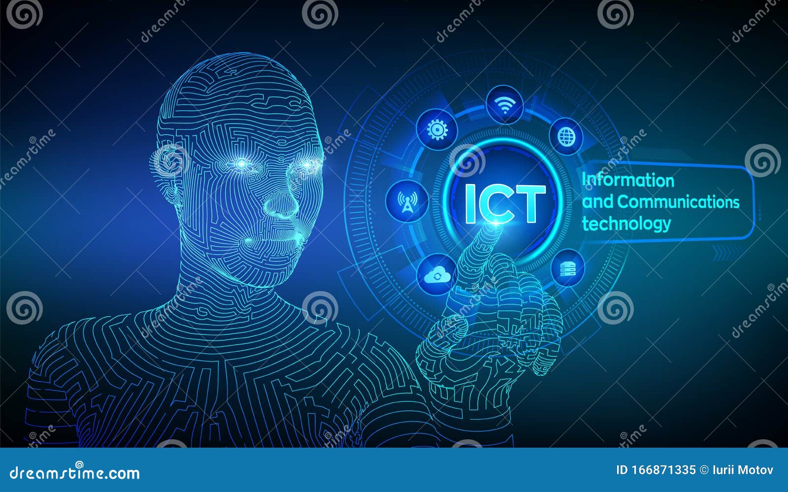 ICT. Information and Communication Technology Concept on Virtual Screen ...