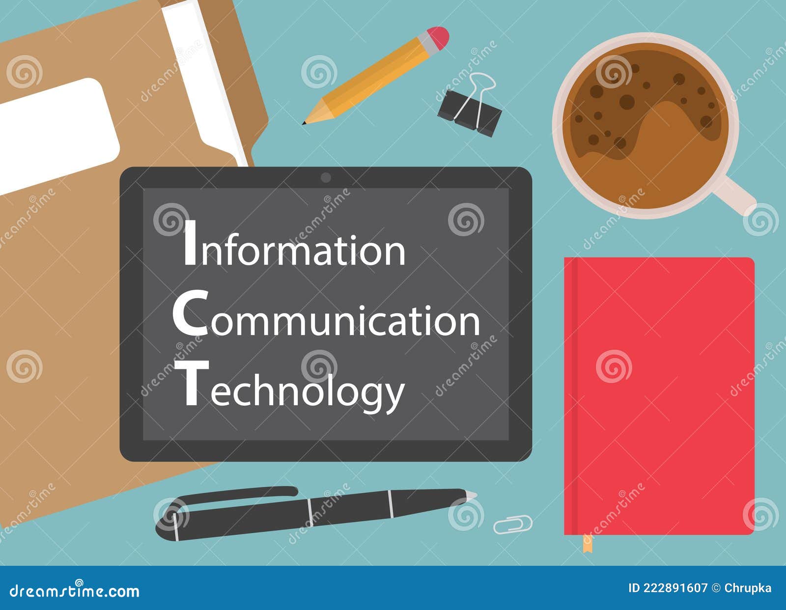 ICT Information and Communication Technology Written on Tablet Screen ...