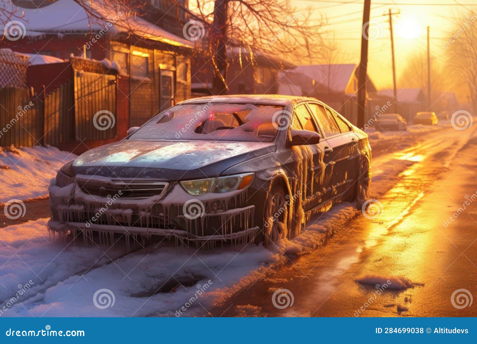 Icy Car Exterior Melting Under Warm Sunlight Stock Illustration ...
