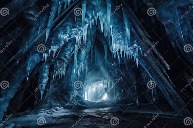 Icy Crystal Structures in a Dark, Cold Cave Stock Photo - Image of ...