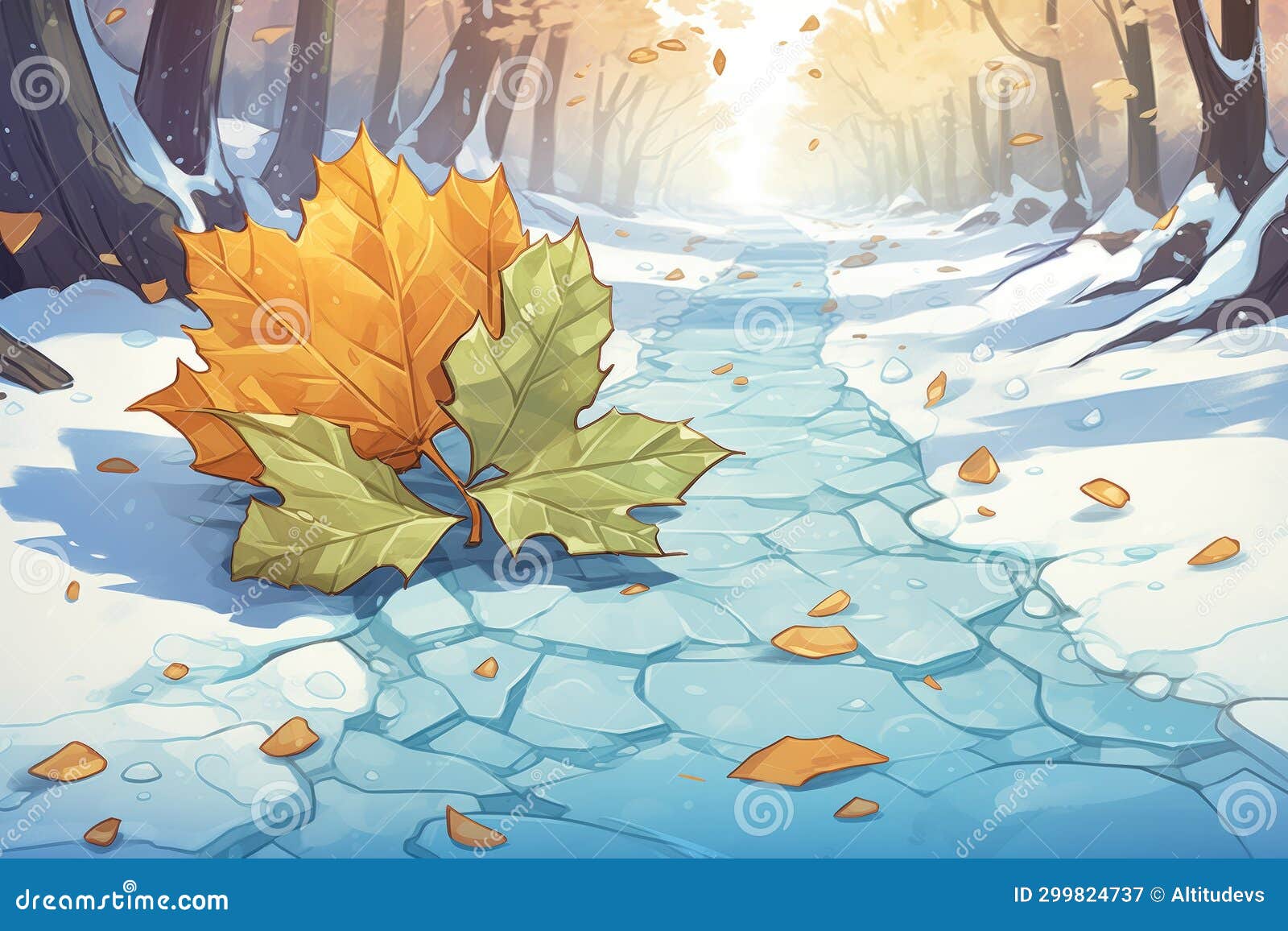 Icy leaf on a snowy path stock image. Image of foliage - 299824737