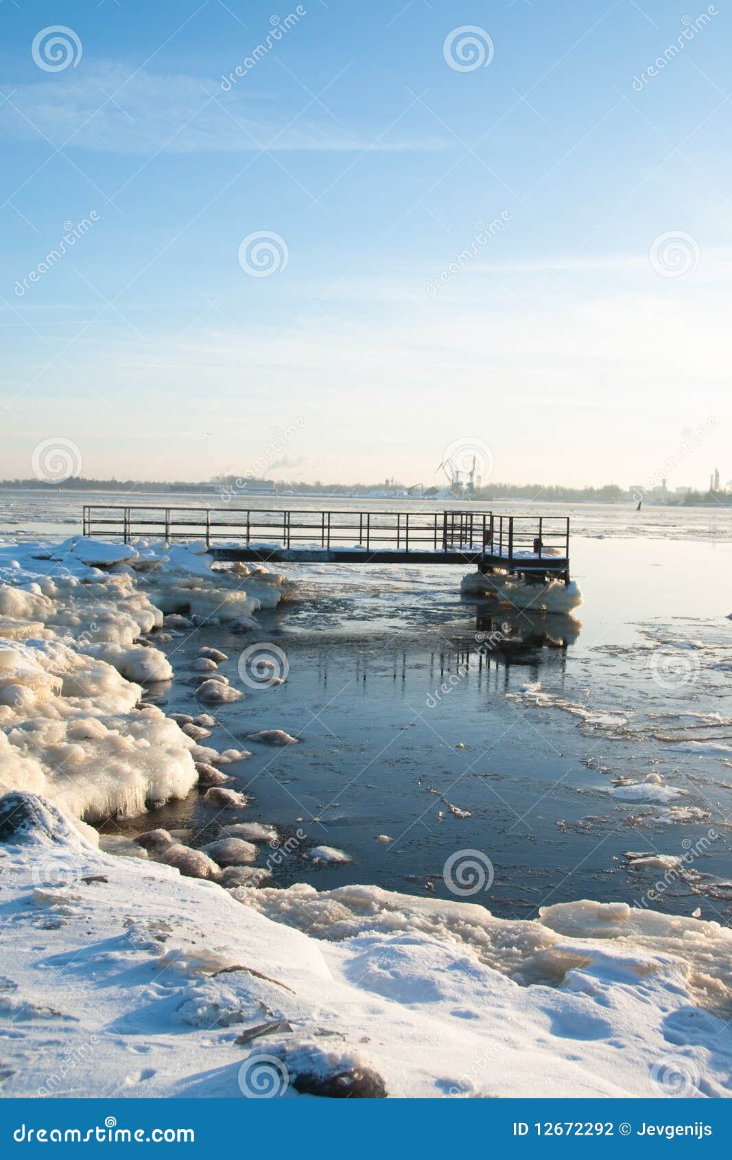 Icy pier stock photo. Image of riga, pier, water, cityscape - 12672292