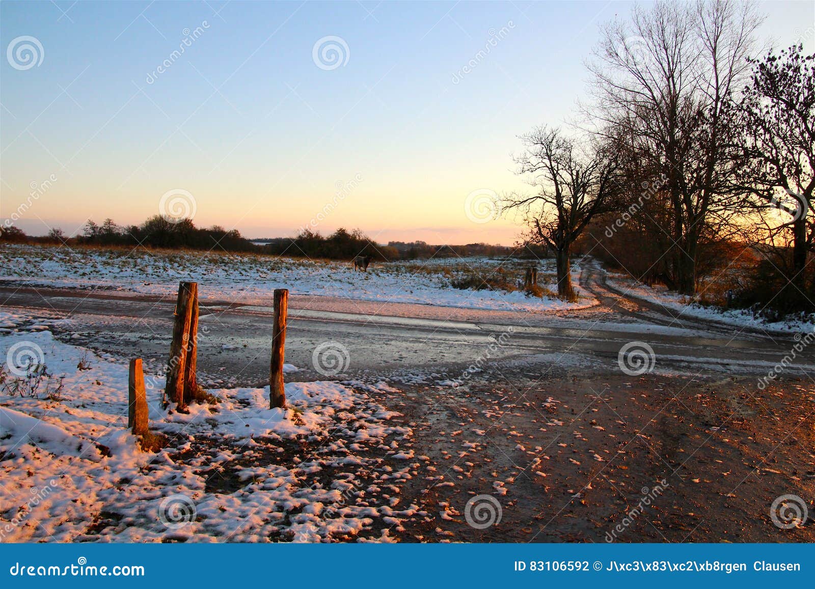 Icy trail into the sunset stock photo. Image of shade - 83106592