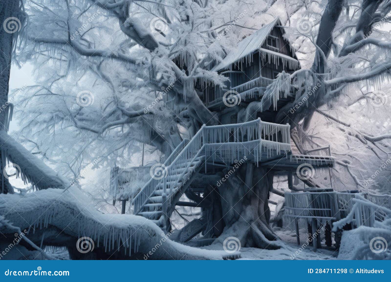 Icy Tree Branches Surrounding Abandoned Treehouse Stock Illustration ...