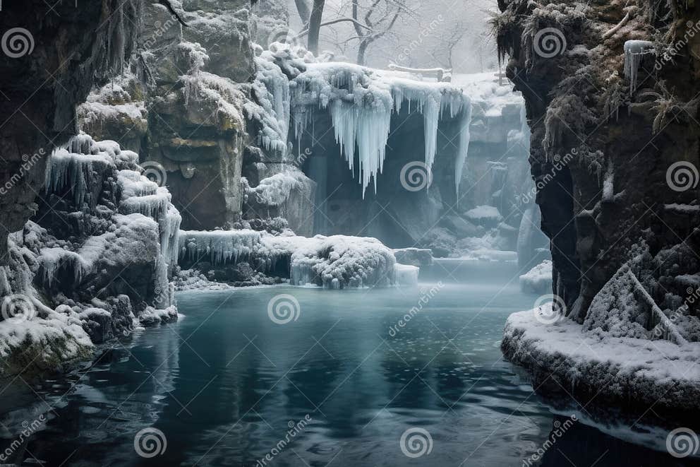 Icy Waterfall Splashing into a Cold Pool Below Stock Image - Image of ...