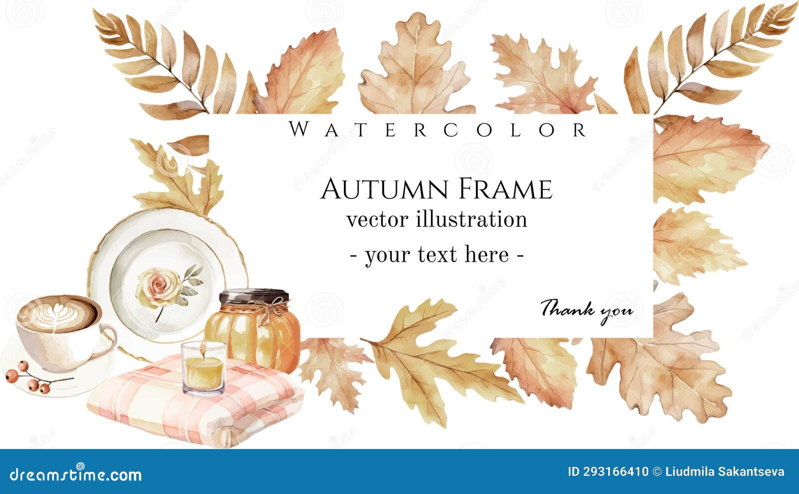 Watercolor Vector Autumn Floral Banner with Golden Dried Leaves ...