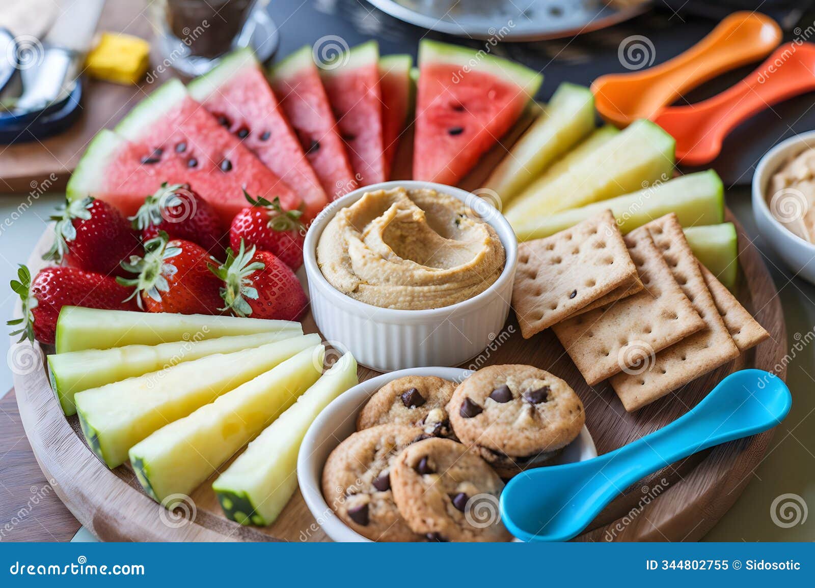 Kid-Friendly Snack Setup with Fruit, Crackers, and Small Dip on Neutral ...