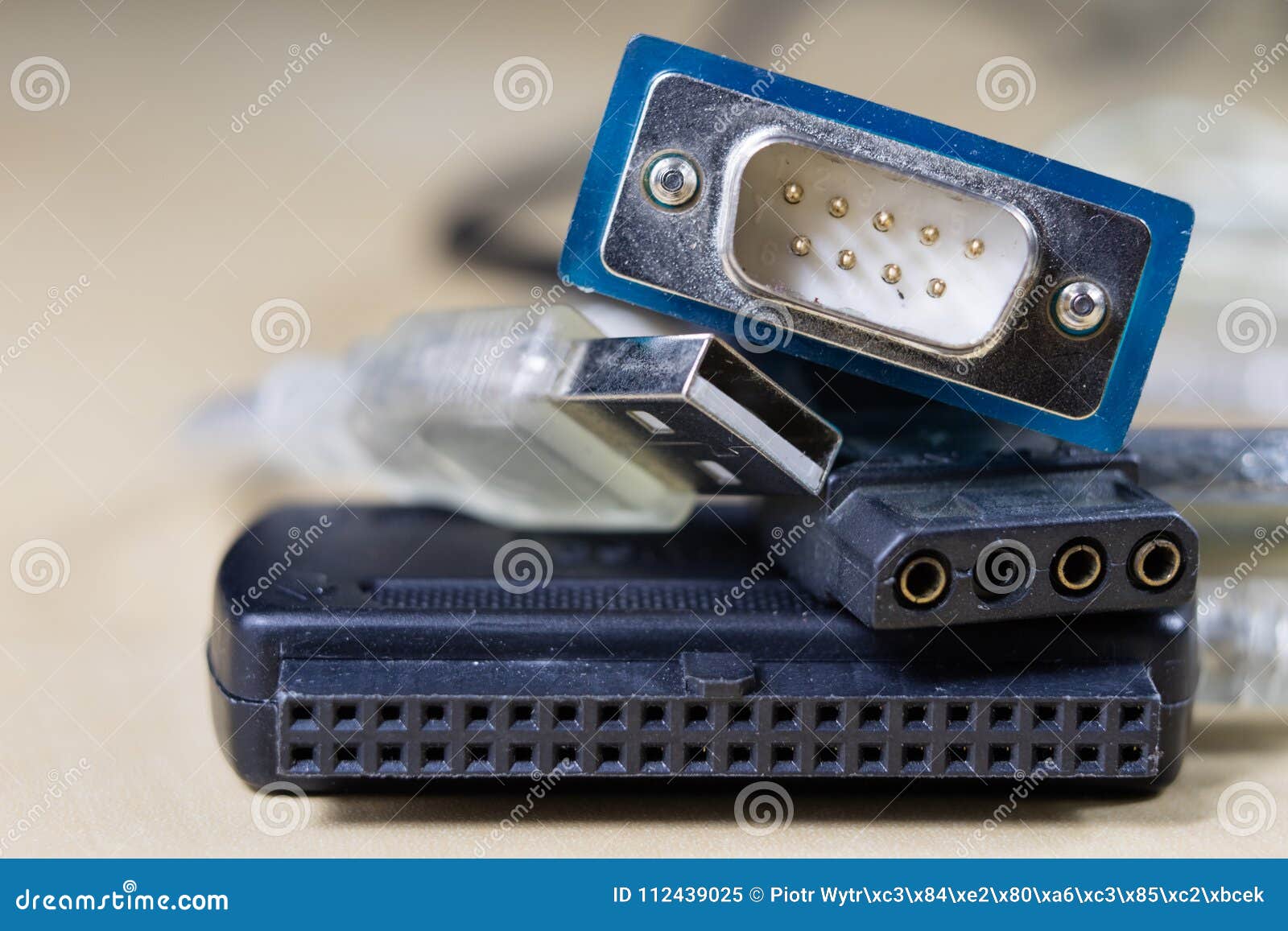 IDE and USB Socket on a Wooden Workshop Table. Computer Connecto Stock ...