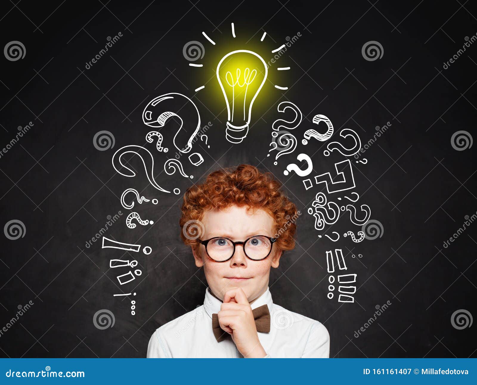 Idea Concept. Cute Young Boy Student with Question Marks and Light Bulb ...