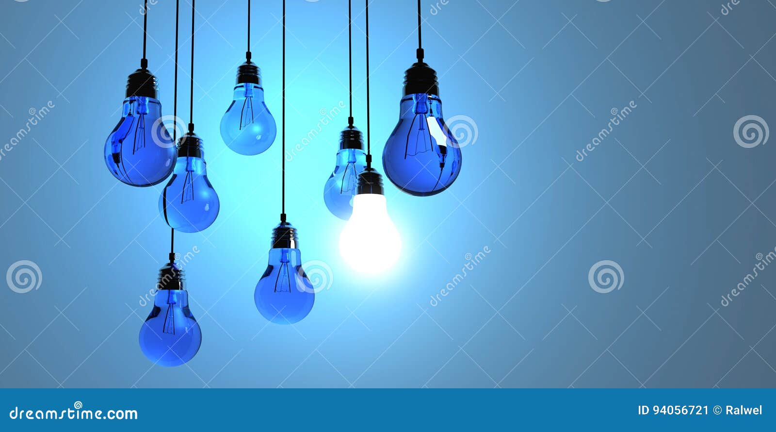 Idea Concept, Hanging Light Bulbs with Glowing One Isolated on Dark ...