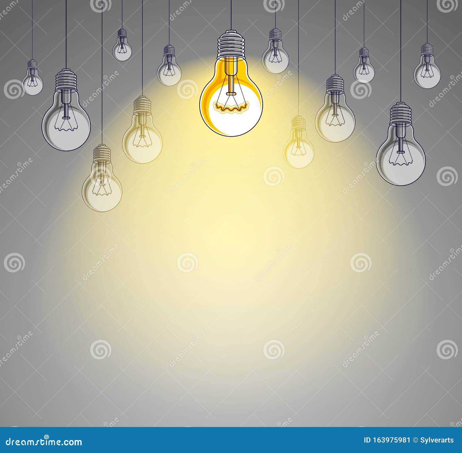 Idea Concept Light Bulbs Vector Illustration with Single One is Shining ...