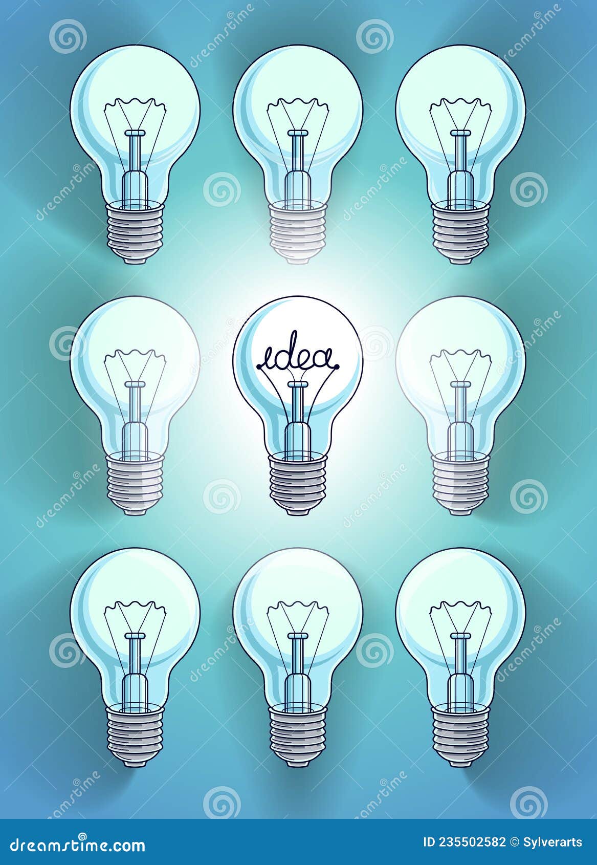 Idea Concept Light Bulbs Vector Illustration with Single One is Shining ...