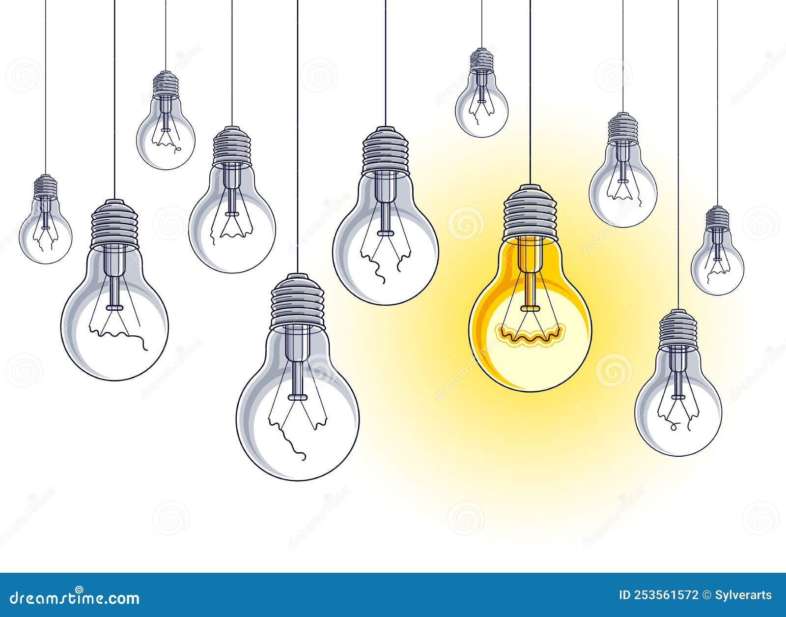 Idea Concept Light Bulbs Vector Illustration with Single One is Shining ...