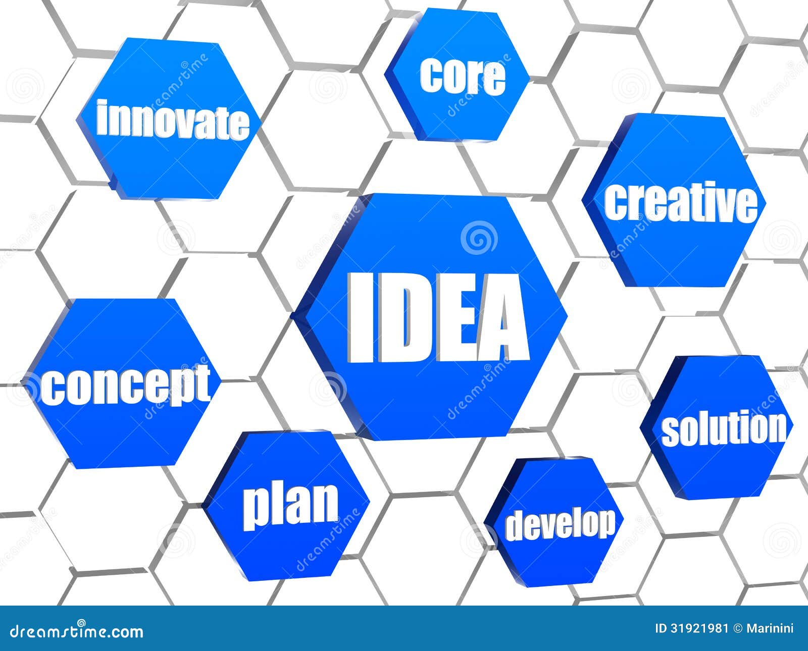 Idea and Concept Words in Blue Hexagons Stock Illustration ...