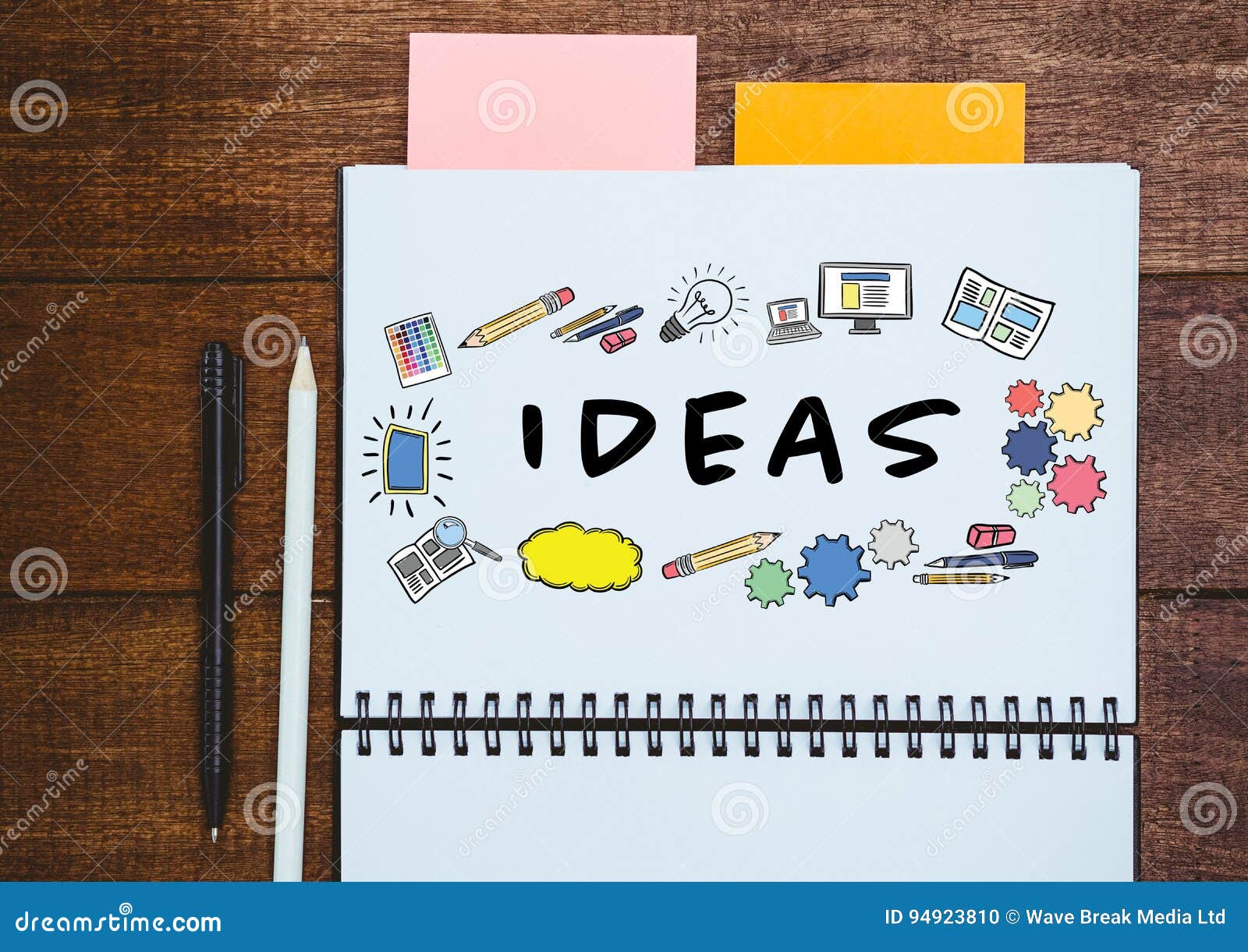 Idea Doodle on Notepad with Pens and Sticky Notes Stock Illustration ...