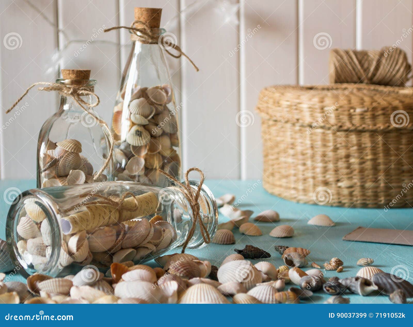 Idea of Interior Decoration with Seashells and Glass Bottles. Stock ...