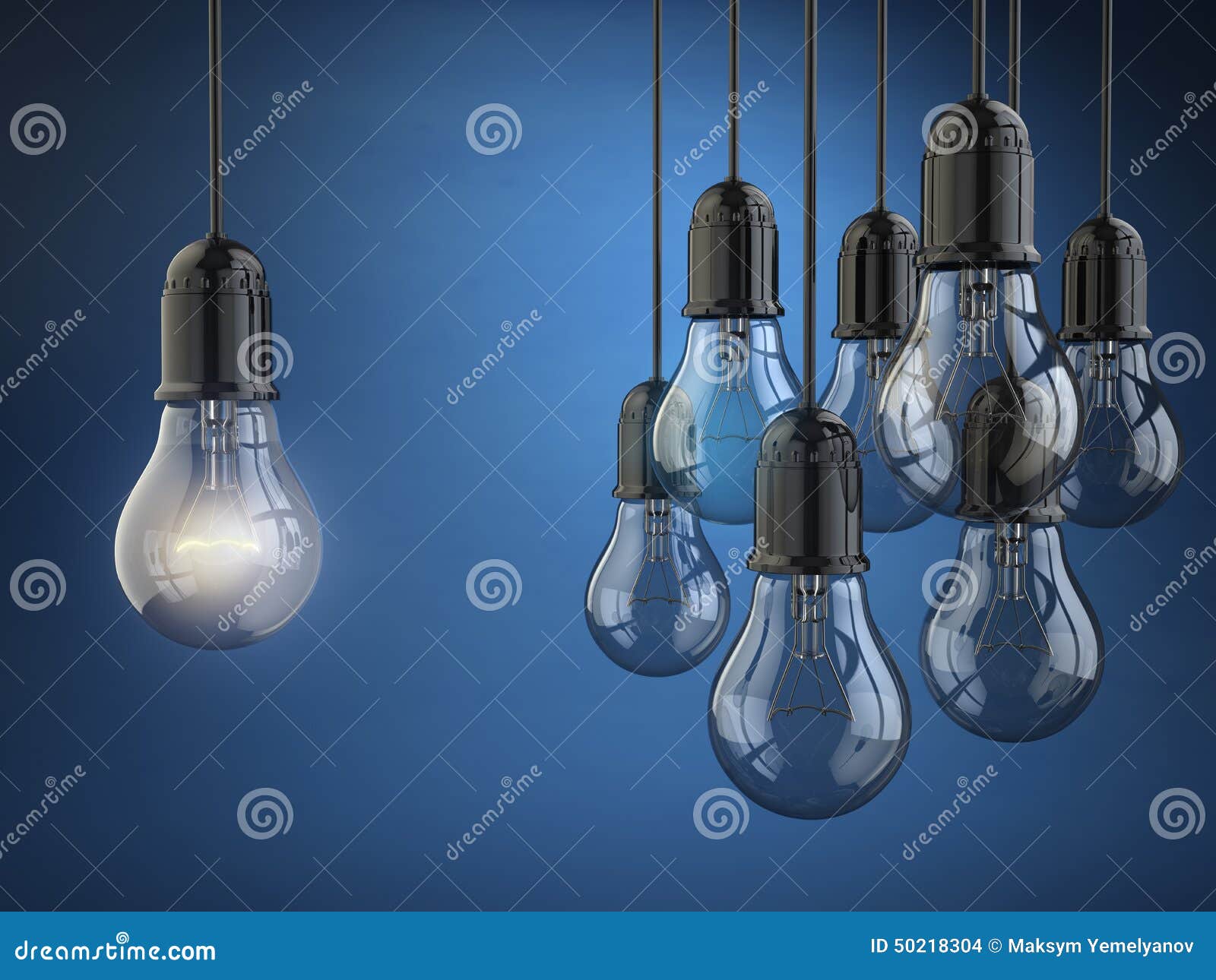 Idea or Leadership Concept. Group of Light Bulbs on the Blue Background ...