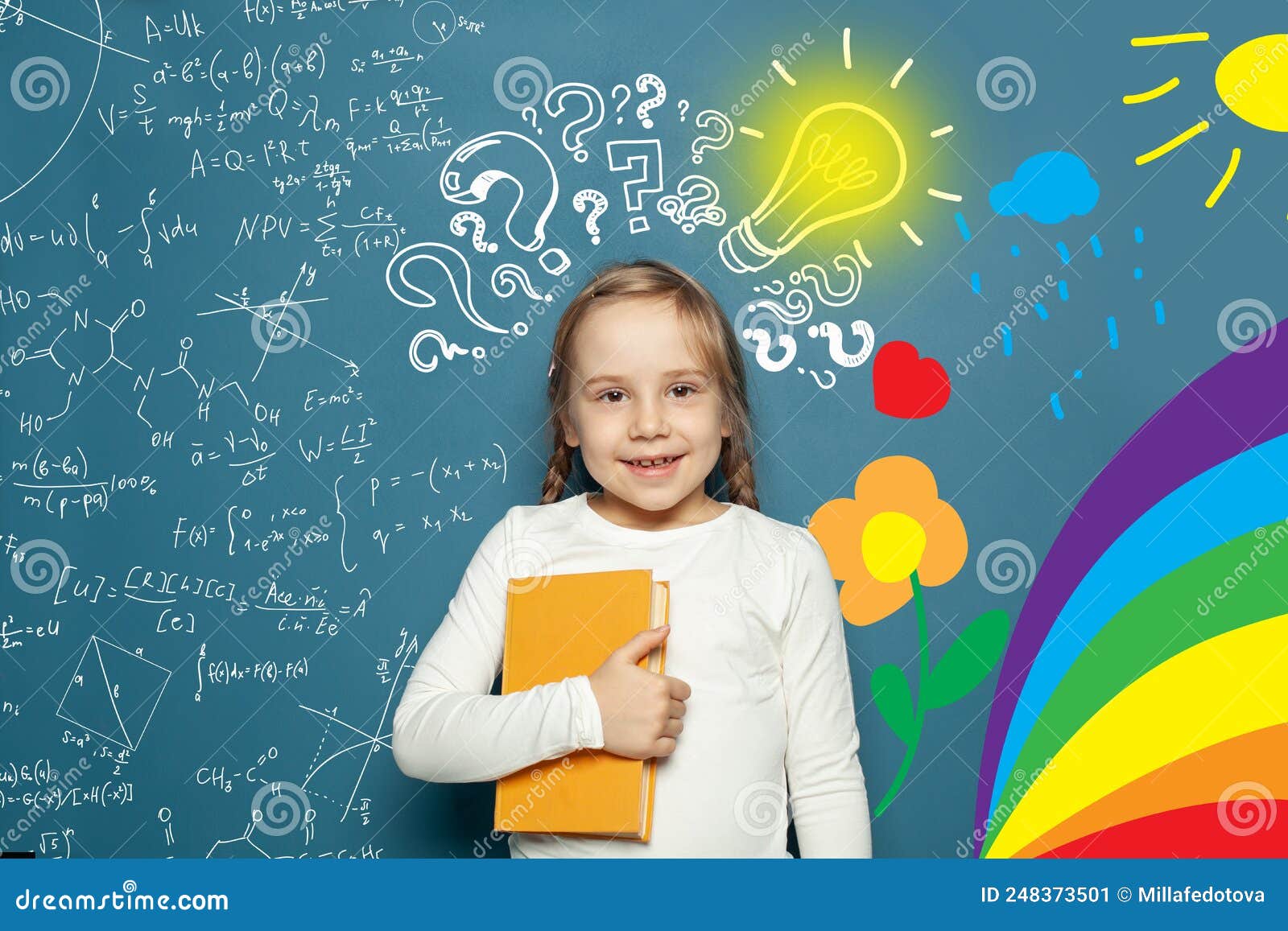 Idea! Smart Small Girl Kid Student with Lightbulb on Blackboard Stock ...