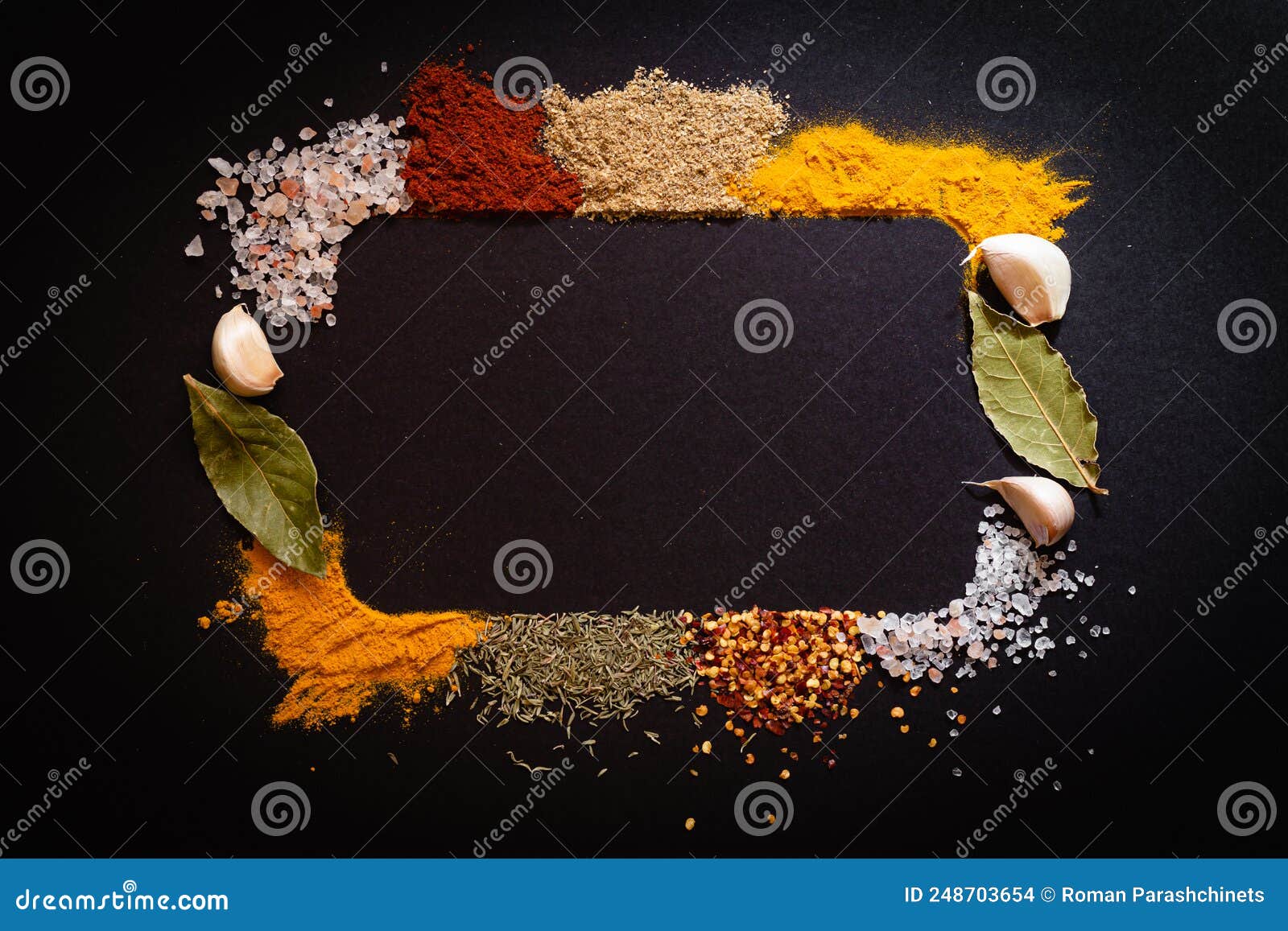 Various Spices on Black Background Top View with Copy Space Stock Photo ...