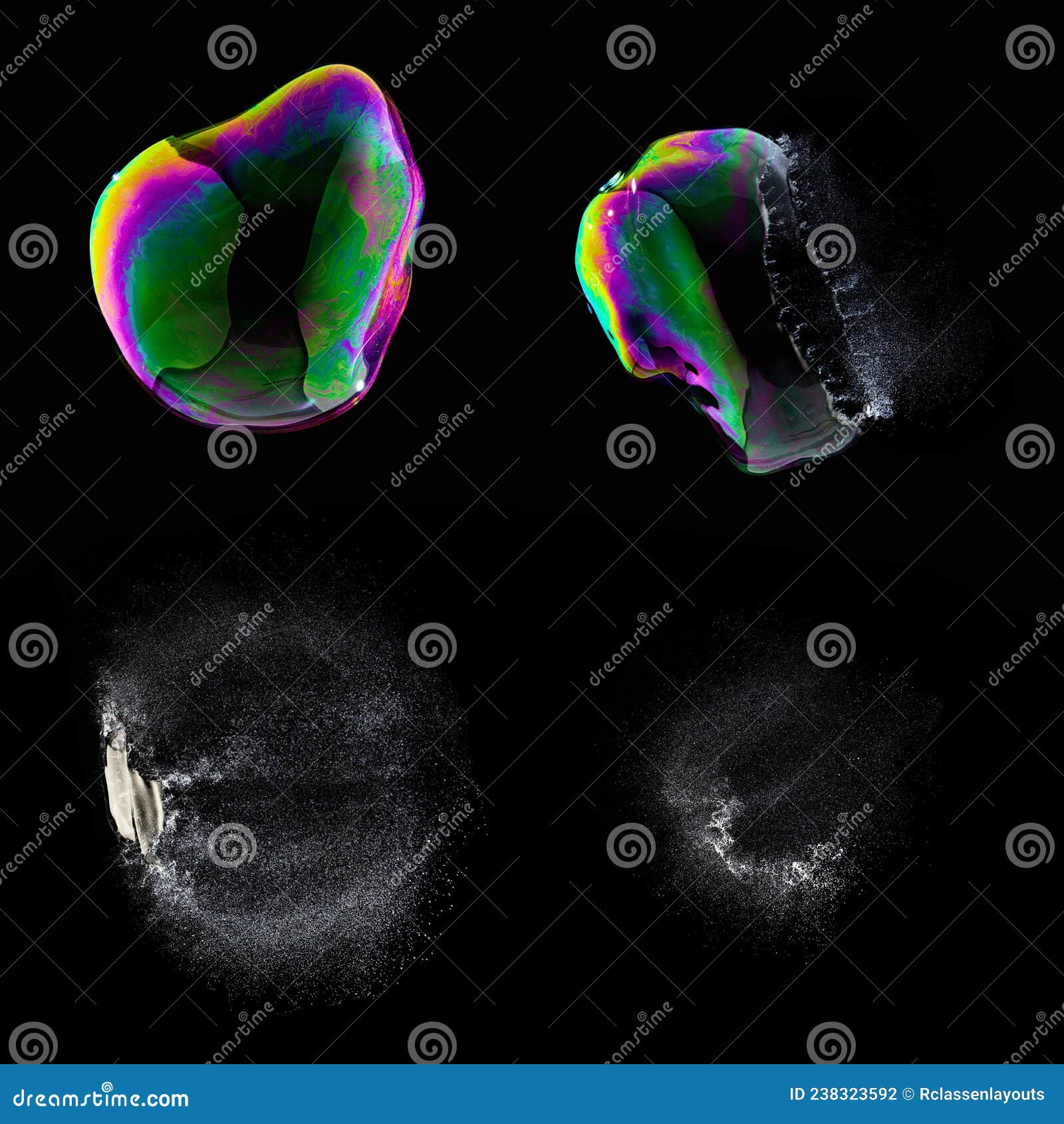 Exploding Soap Bubble Set Collage in Colorful Colors on Black ...