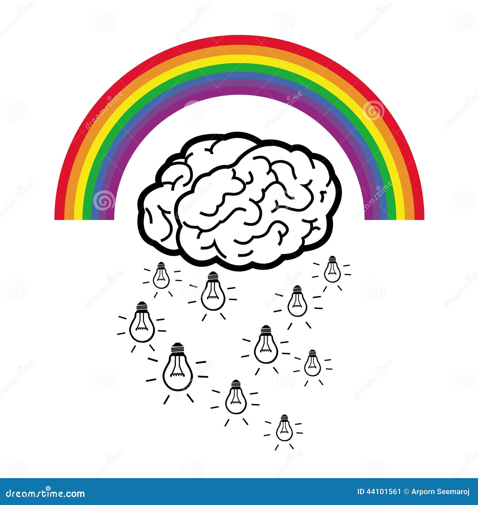 Ideas Falling From A Brain Cloud With Rainbow Cartoon Vector ...