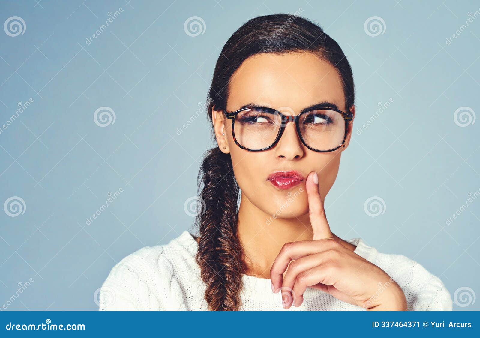 Ideas, Glasses and Woman with Question in Studio for Future, Vision or ...