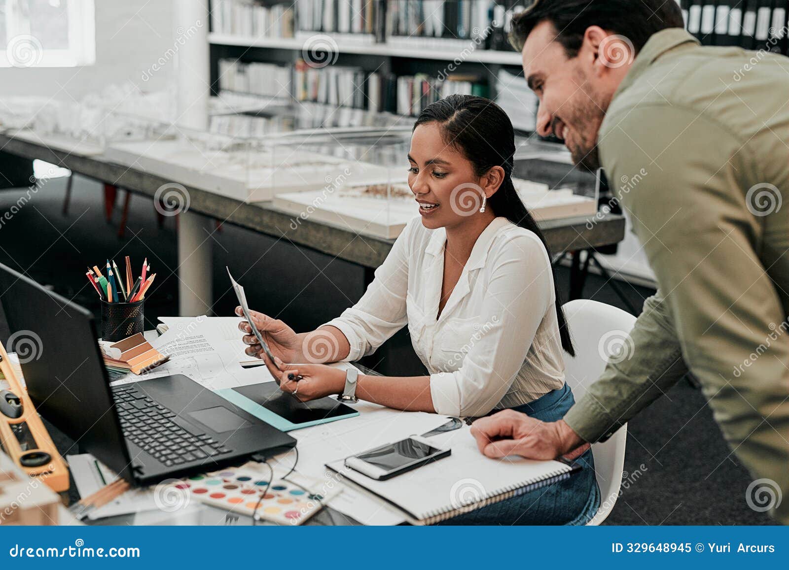 Ideas, Laptop and Business People at Desk for Architecture, Project ...