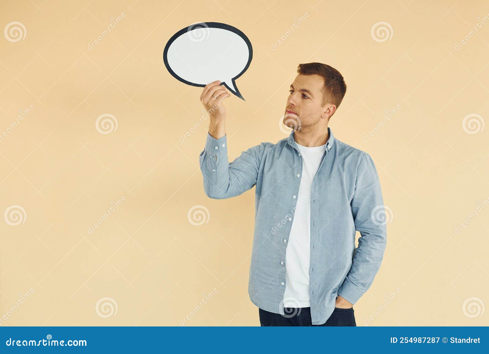 Ideas in the Mind. Man Standing in the Studio with Empty Signs for the ...