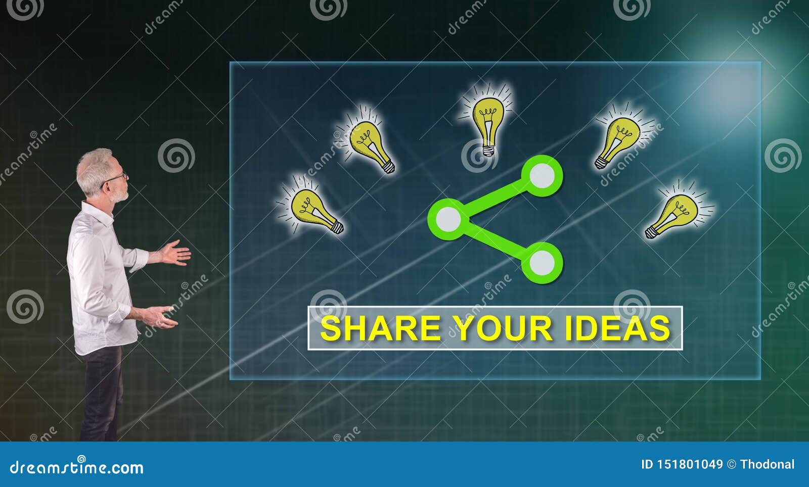 An Ideas Sharing Concept Explained by a Businessman on a Wall Screen ...