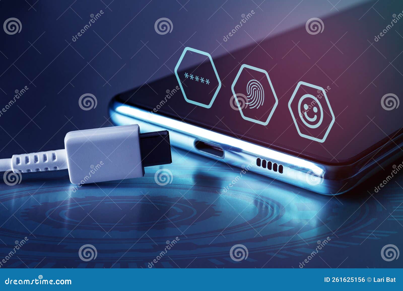 Identity Icons on the Smartphone S Touch Screen and USB Type-C Cable ...