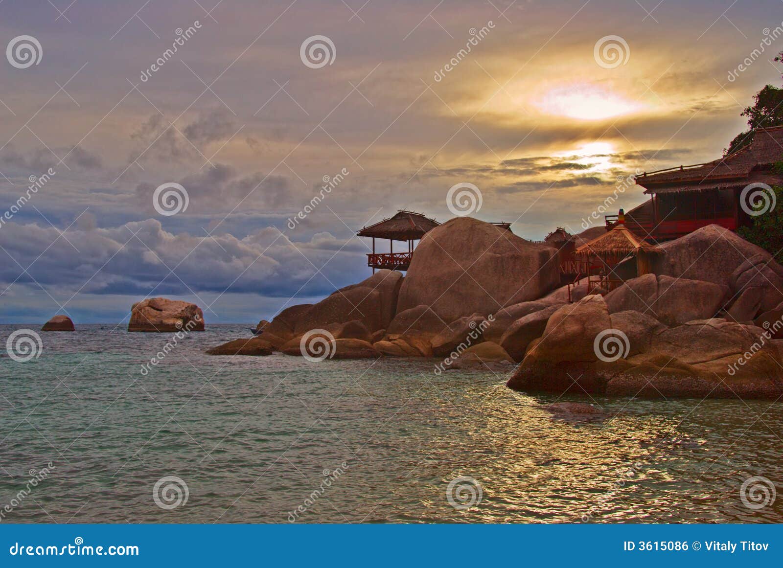 Idyllic beach sunset stock photo. Image of sunset, house - 3615086