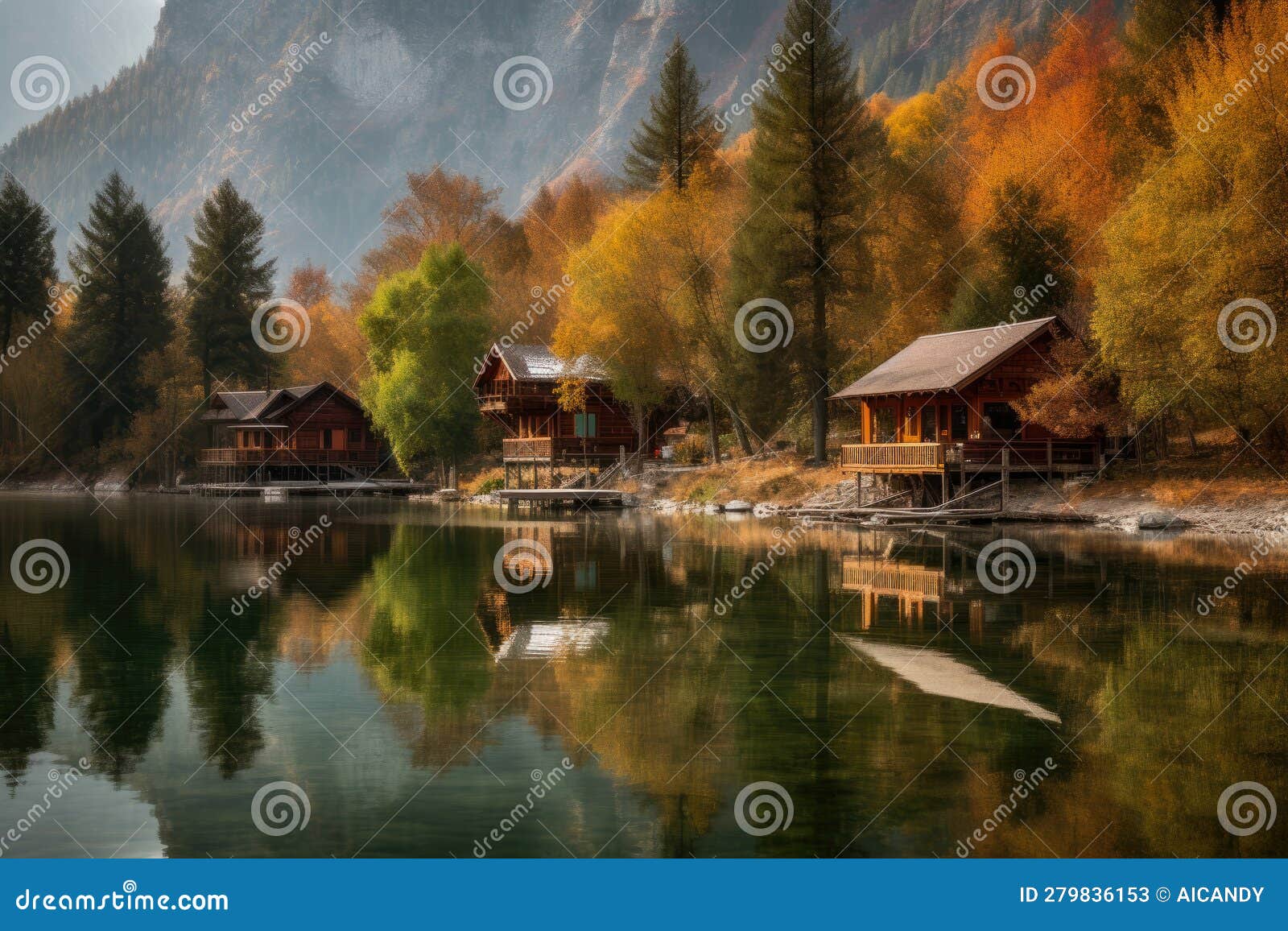 Idyllic Cabins by the Lake with a Peaceful Backdrop Stock Image - Image ...