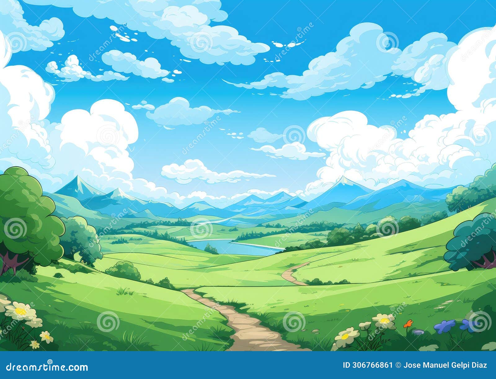 Idyllic Cartoon Valley with Lush Greenery and Flowing River ...