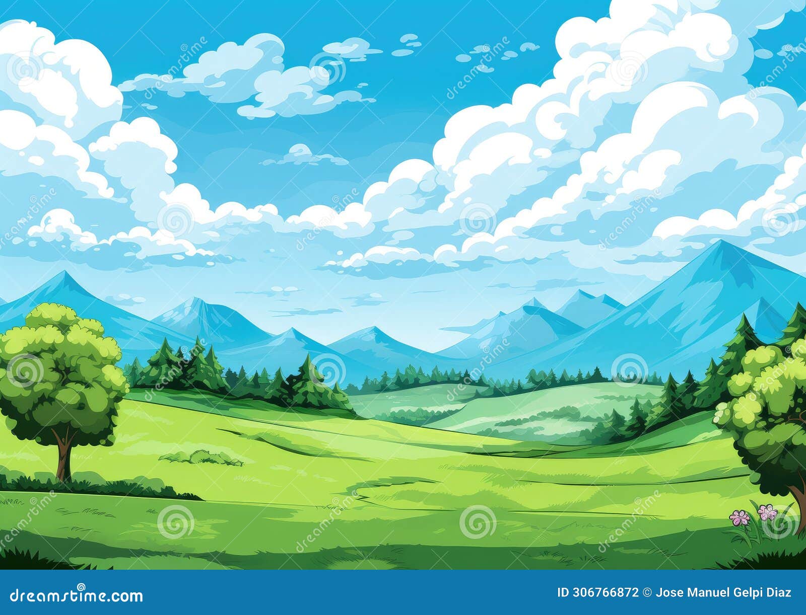 Idyllic Cartoon Valley with Lush Greenery and Flowing River ...