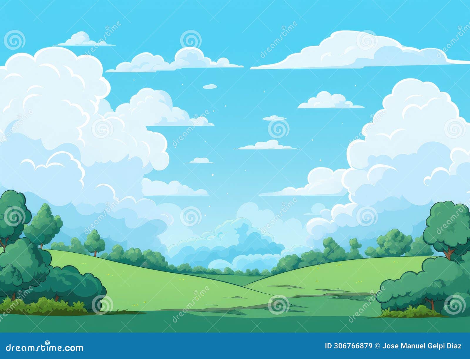 Idyllic Cartoon Valley with Lush Greenery and Flowing River ...