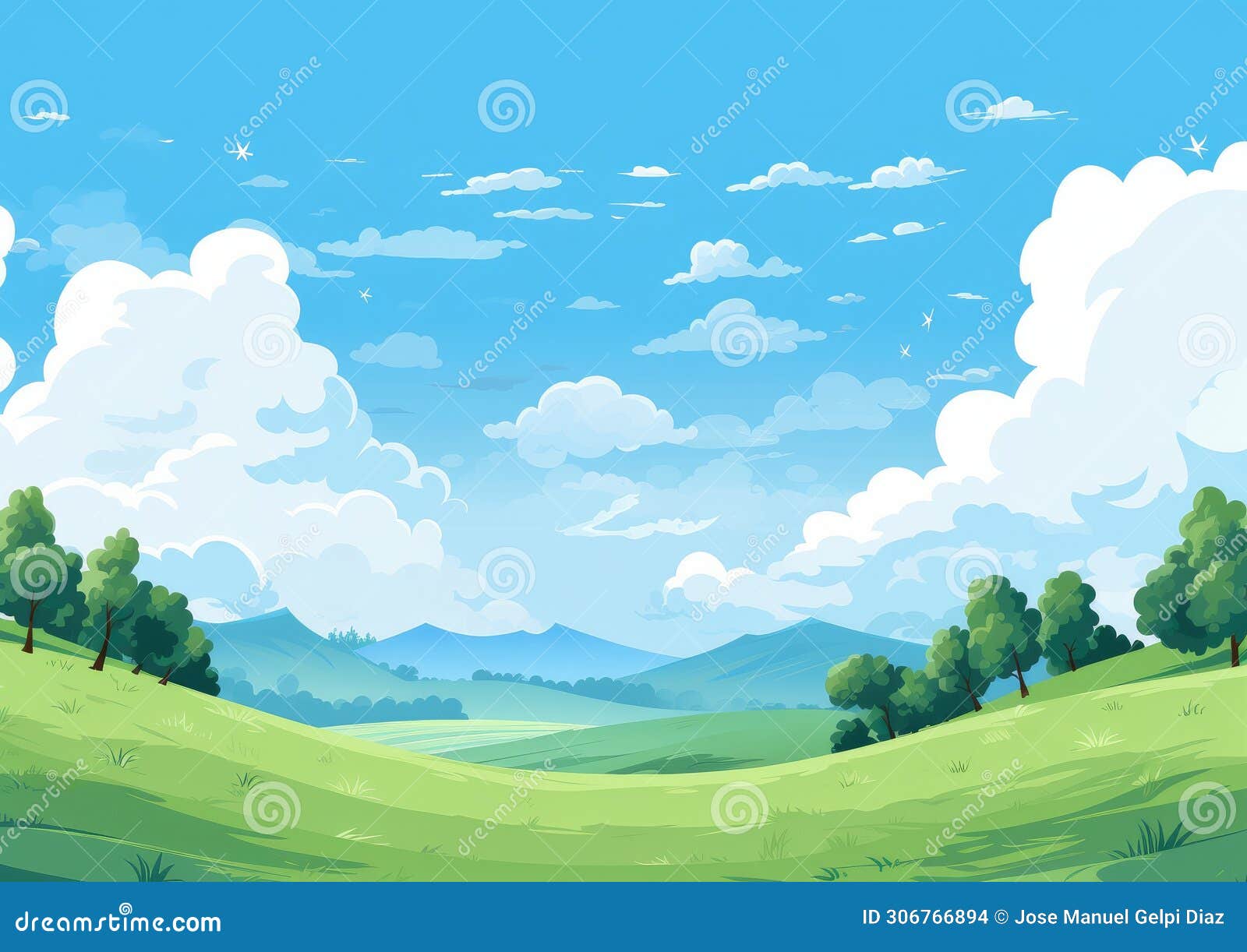 Idyllic Cartoon Valley with Lush Greenery and Flowing River ...