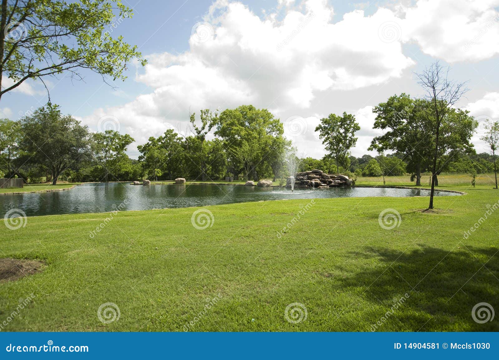 Idyllic Country Setting With Pond Stock Image - Image of cloudy, blue ...