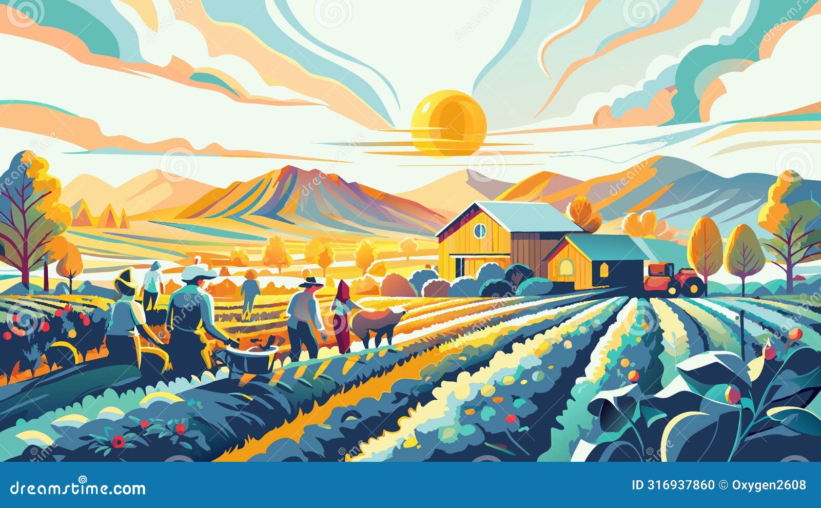 Idyllic Farm Life: Sunset Harvest with Workers and Tractor in Fields ...