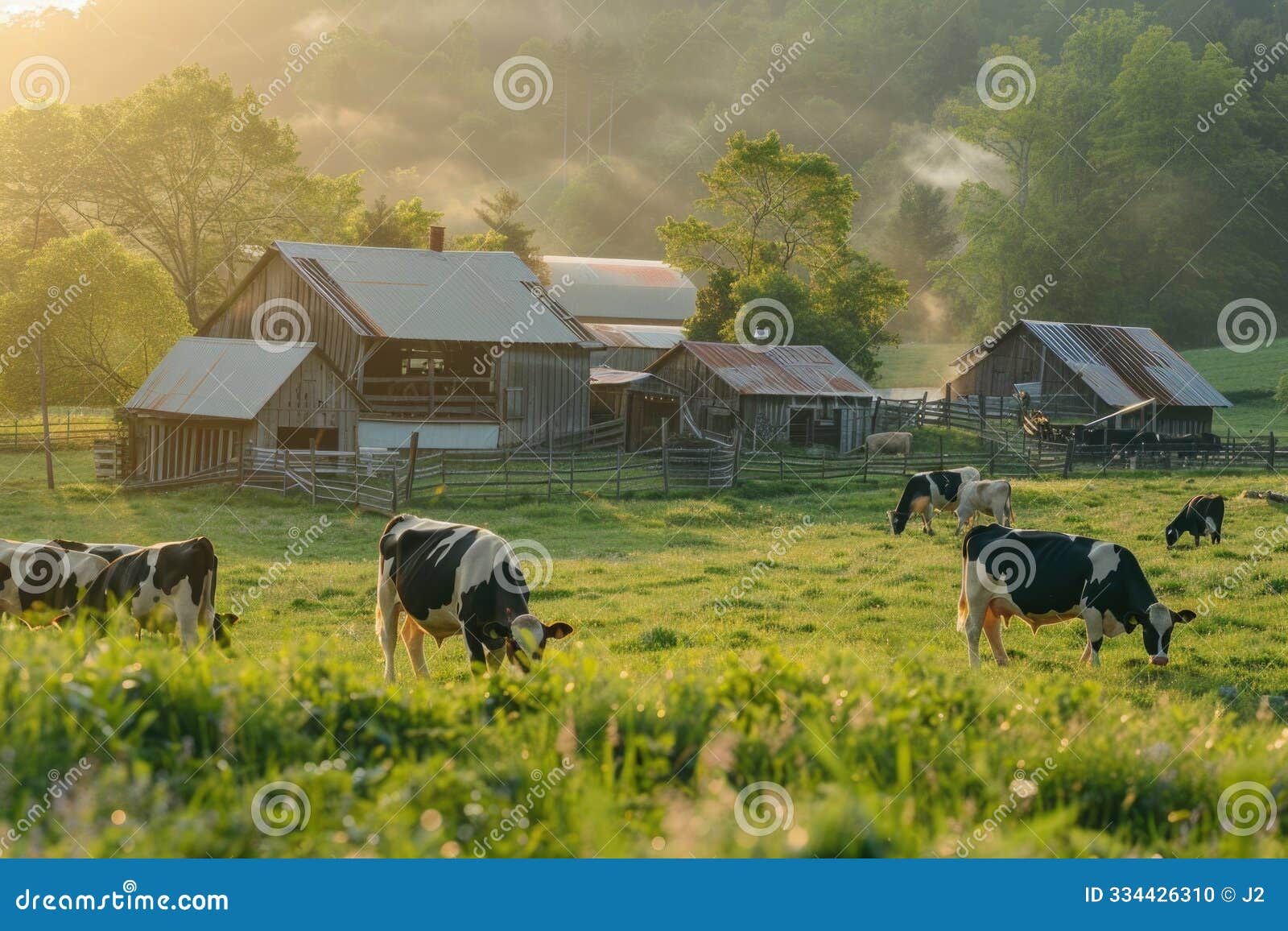 Idyllic Farm Morning with Grazing Cows and Rustic Barns AI Stock Photo ...