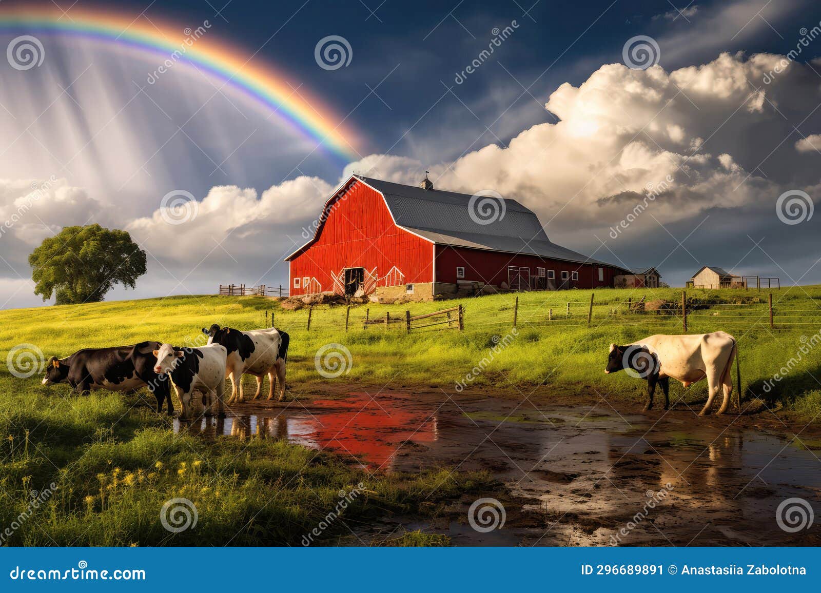 Idyllic Farm Scene with Red Barn and Grazing Cows Under Rainbow ...