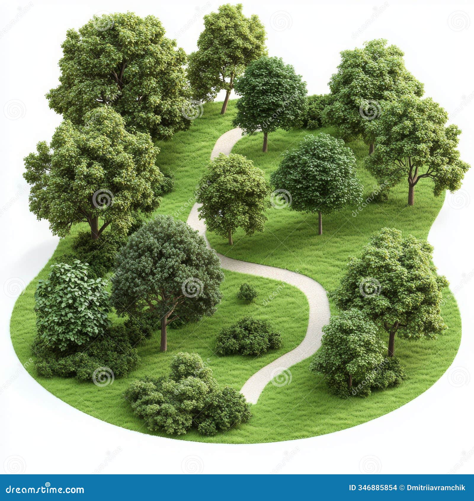 An Idyllic Green Park with a Curved Pathway and Seating Areas Stock ...