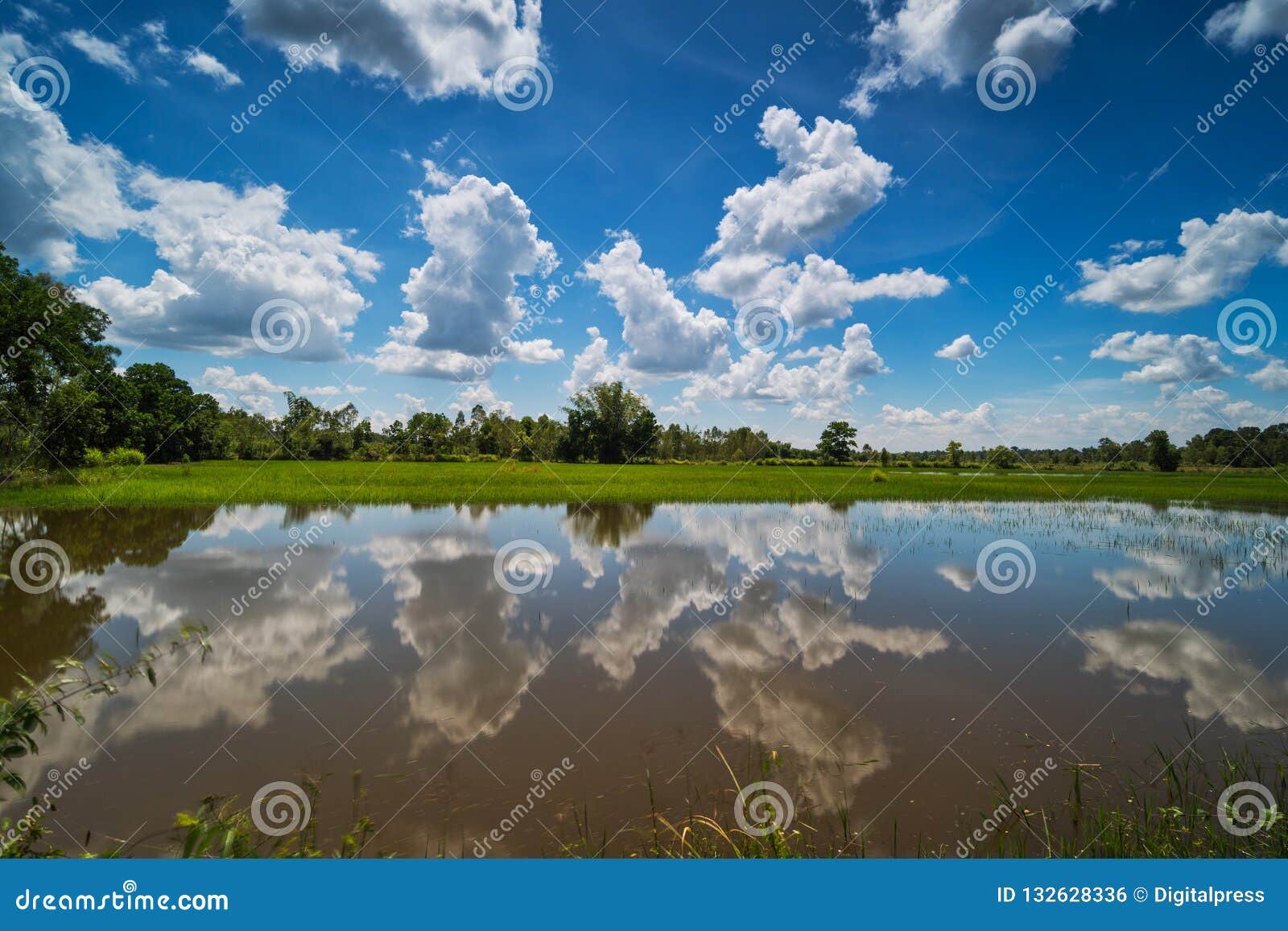 Idyllic Lake with Reflection of Clouds Stock Photo - Image of landscape ...