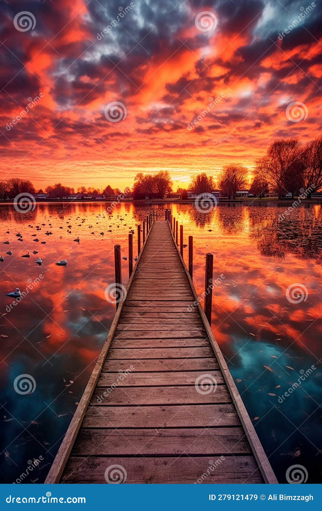 Serene Lakeside Scene at Sunset, Bathed in Vibrant Orange and Pink Hues ...