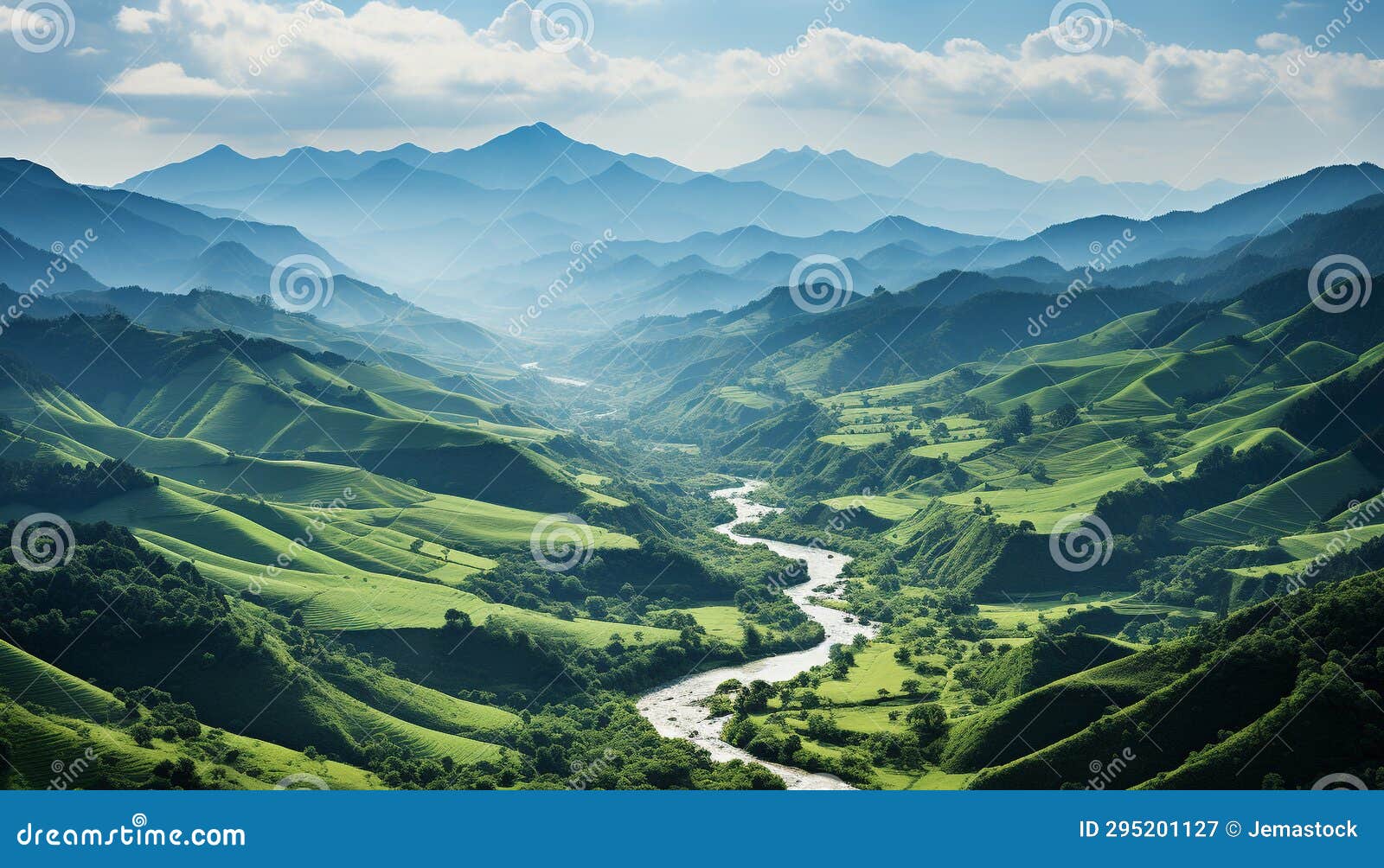 Idyllic Mountain Landscape Green Meadows, Forest, and Tranquil Water ...